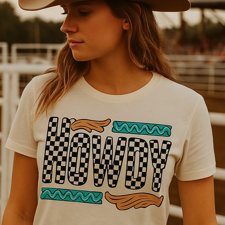 DTF Transfer Howdy – Retro Western Rodeo Checkerboard Design – Strong N Free